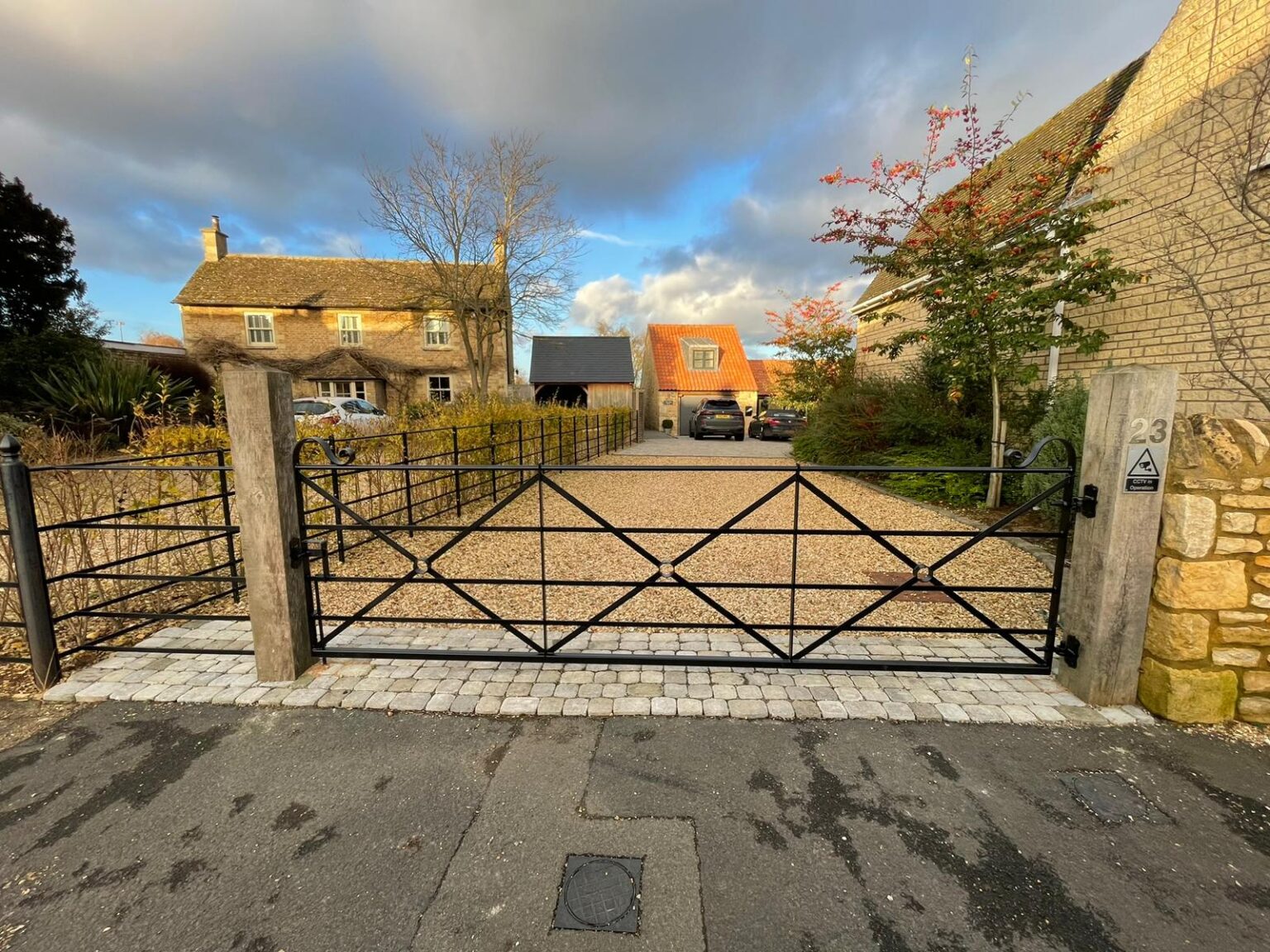 3.6m scroll top gate with X bracing with Rings, hung on oak posts ...